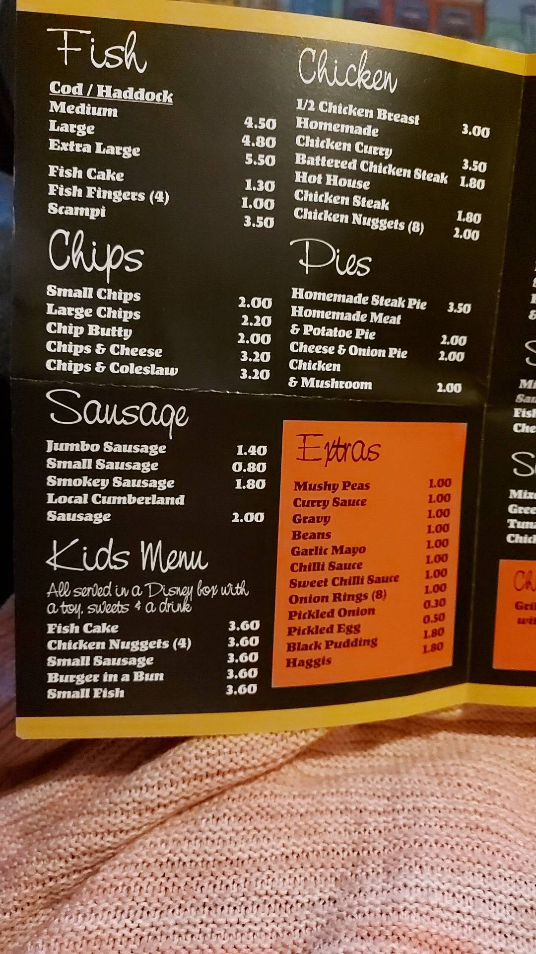 Menu at Park Fisheries restaurant, Workington