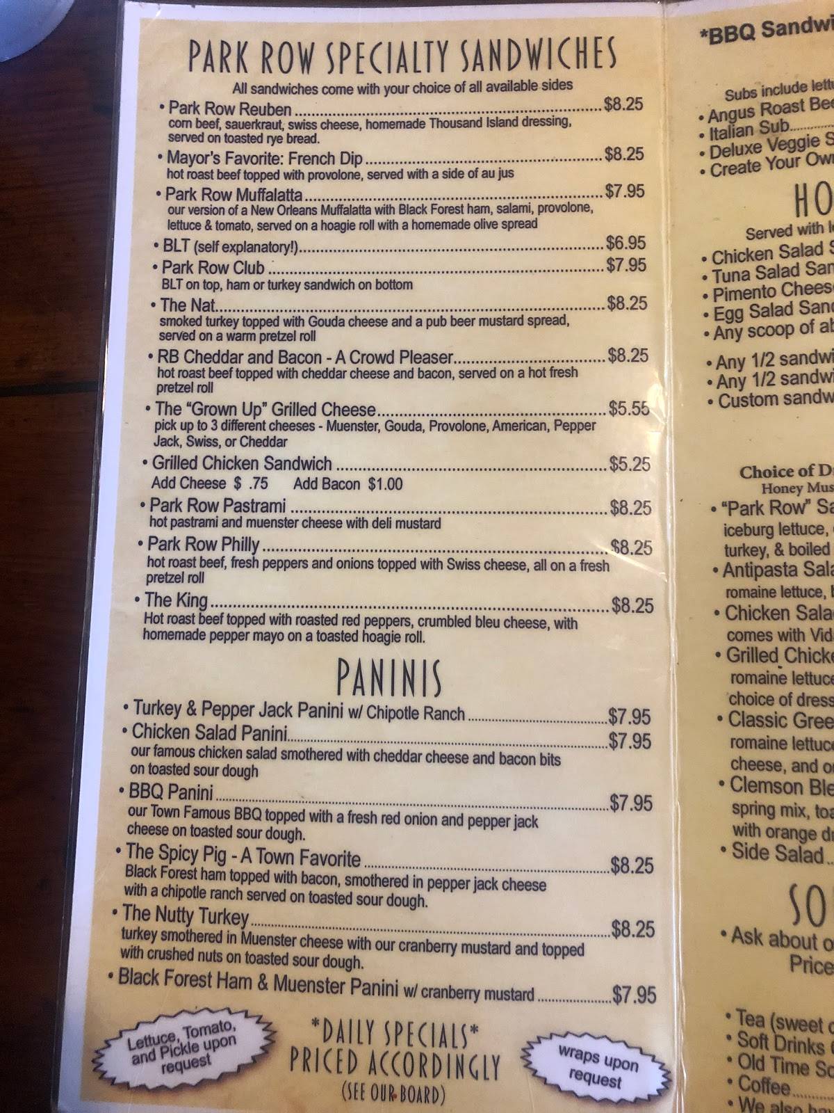 Menu at Park Row Market No. 1 restaurant, Edgefield