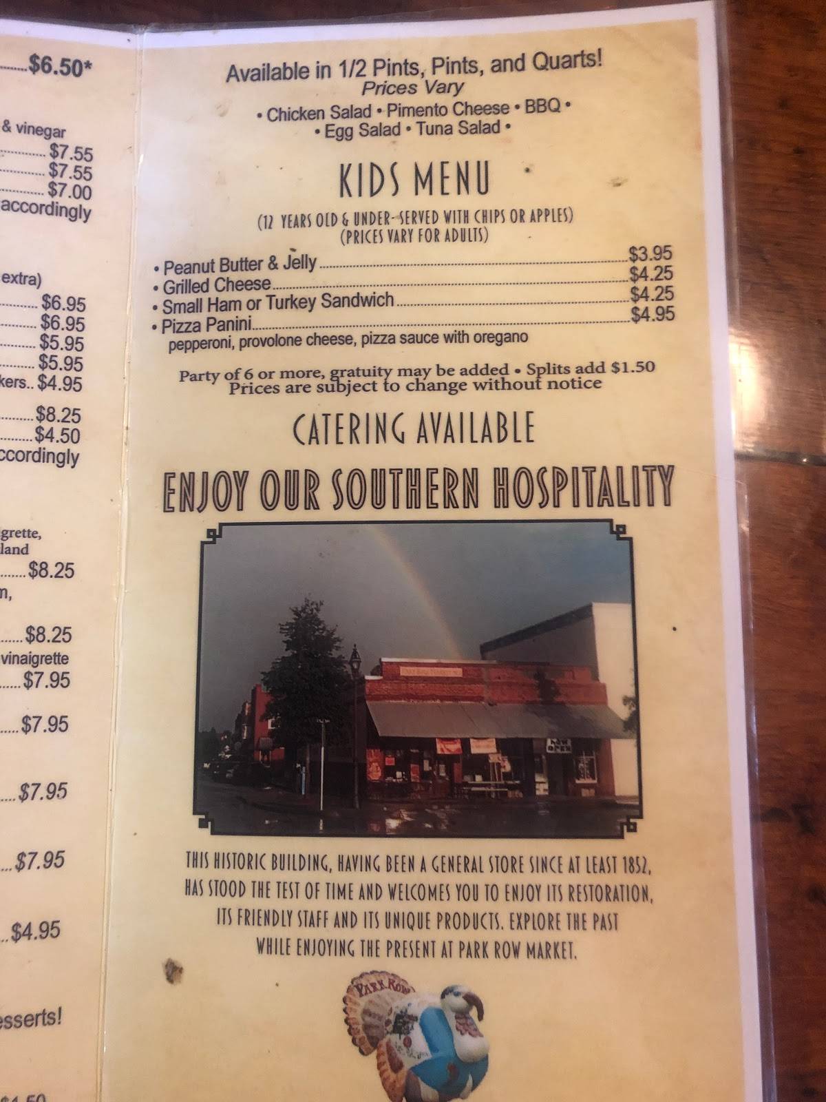 Menu at Park Row Market No. 1 restaurant, Edgefield