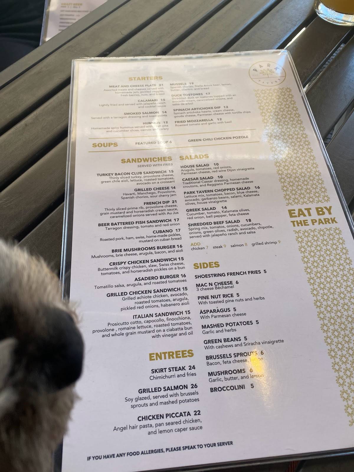 Menu at Park Tavern restaurant, El Paso