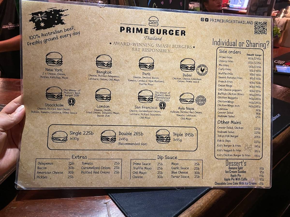 Menu at Prime Burger Pattaya restaurant, Pattaya City