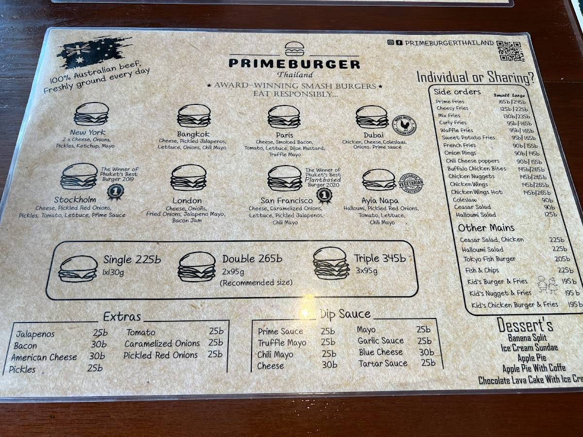 Menu at Prime Burger Pattaya restaurant, Pattaya City