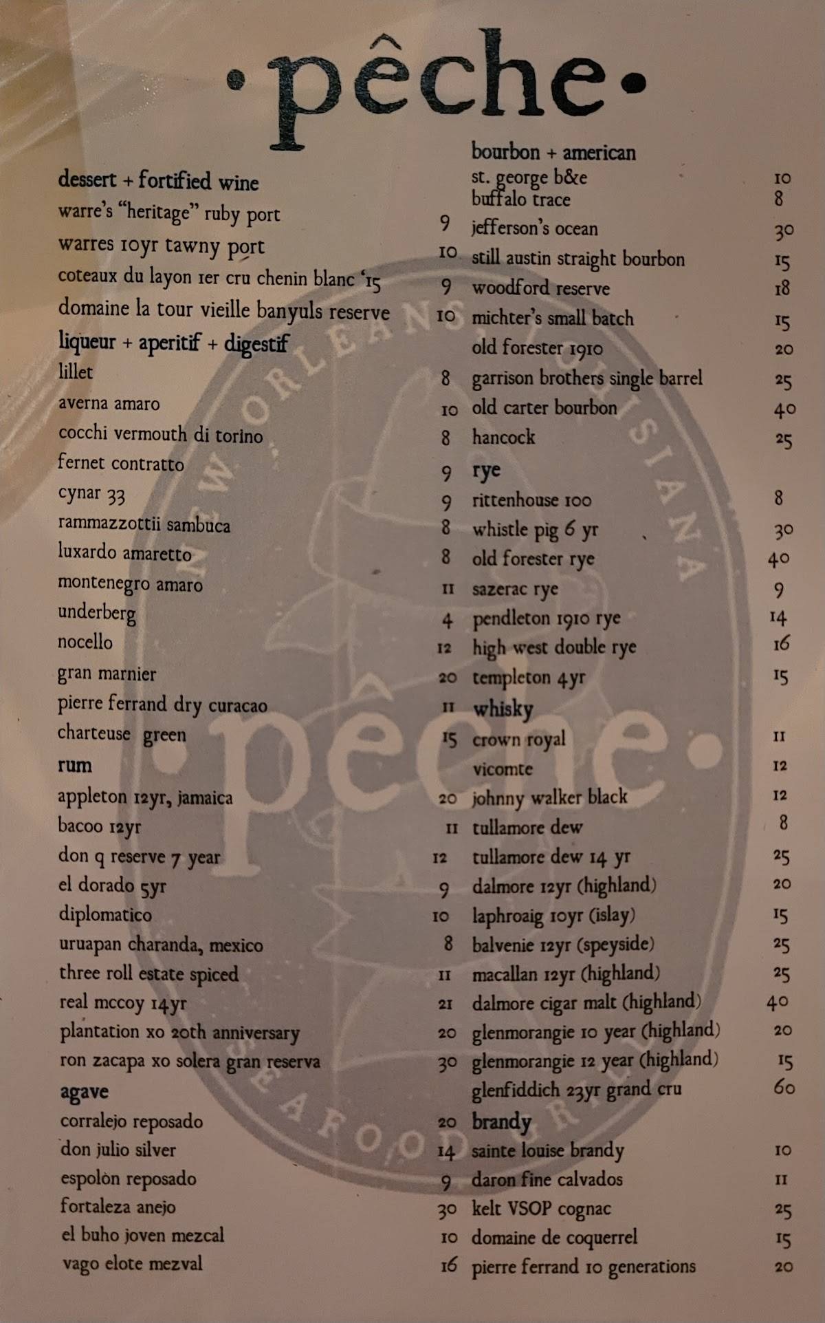 Menu at Pêche Seafood Grill restaurant, New Orleans