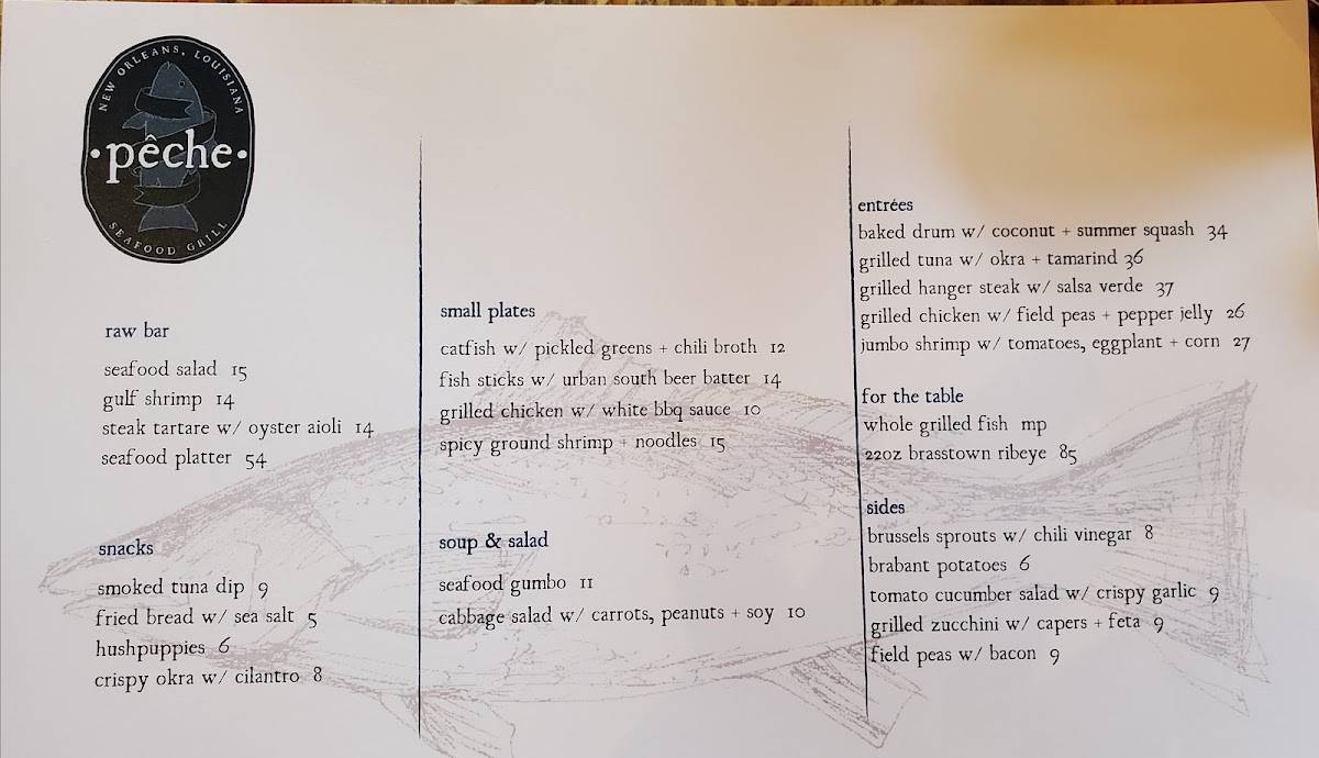 Menu at Pêche Seafood Grill restaurant, New Orleans