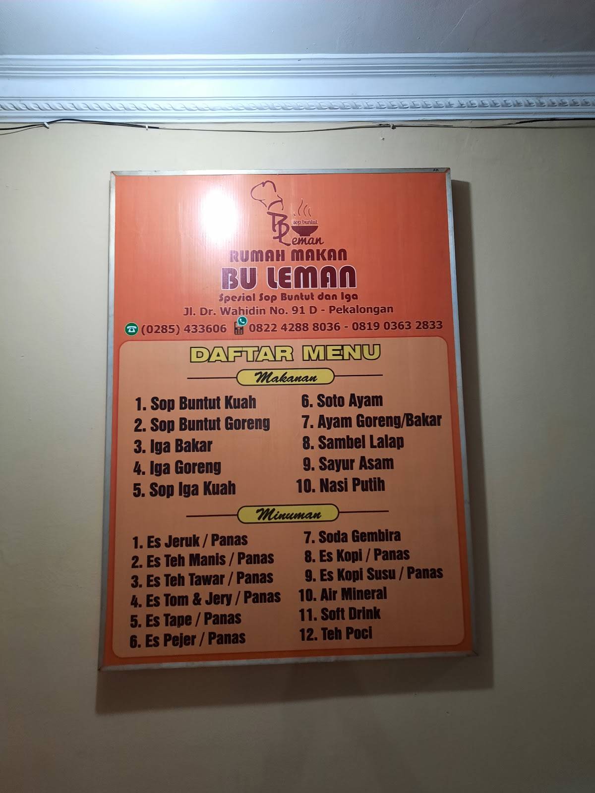 Carta del restaurante RM Sop Buntut Bu Leman, Pekalongan
