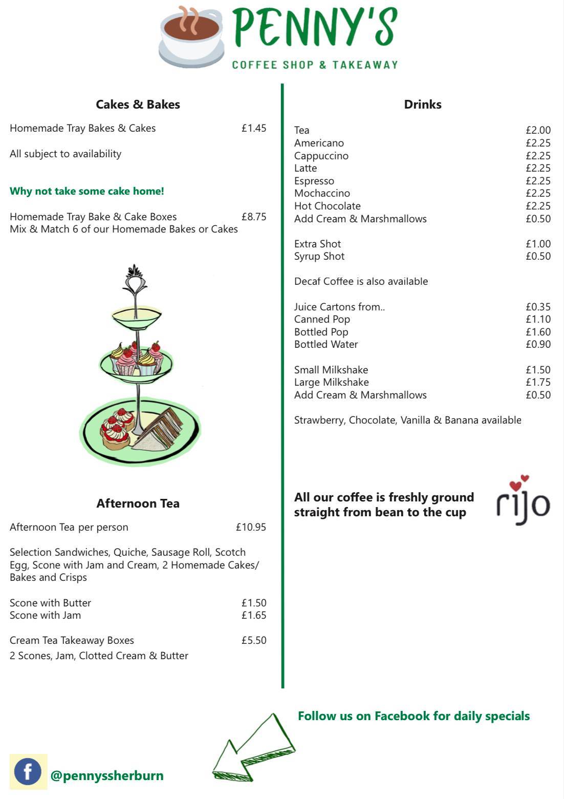 Menu at Penny's Coffee Shop & Takeaway cafe, Sherburn in Elmet