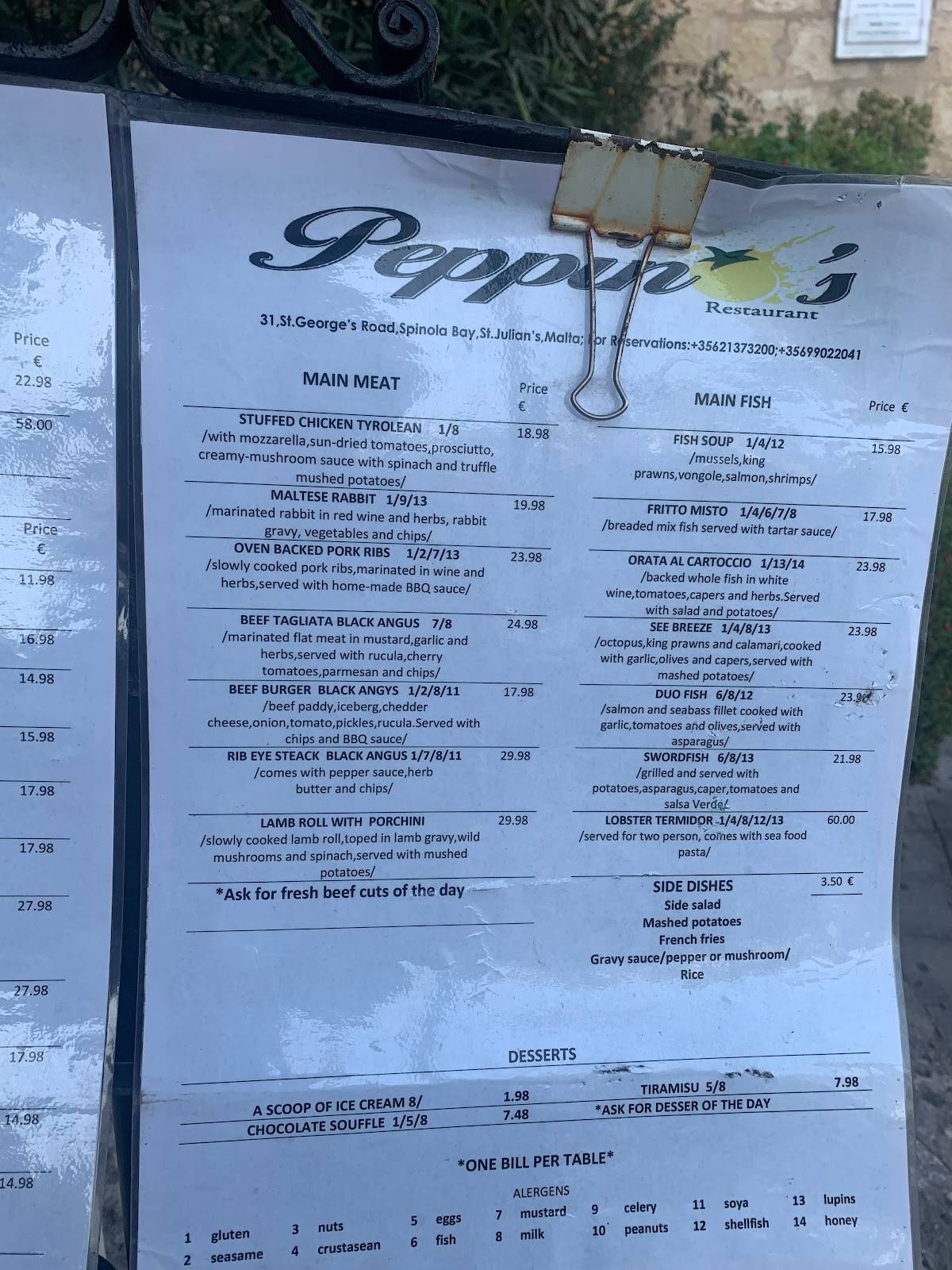 Speisekarte von Peppino's restaurant, San Ġiljan