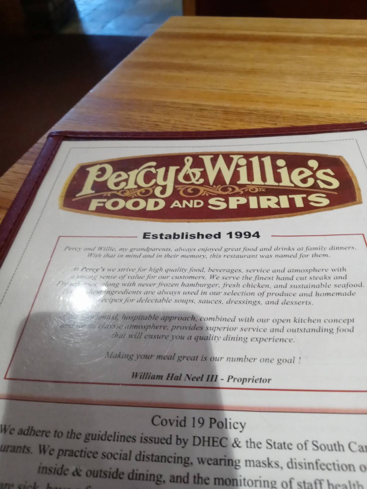 Menu at Percy & Willies restaurant, Florence, 130 Dunbarton Dr