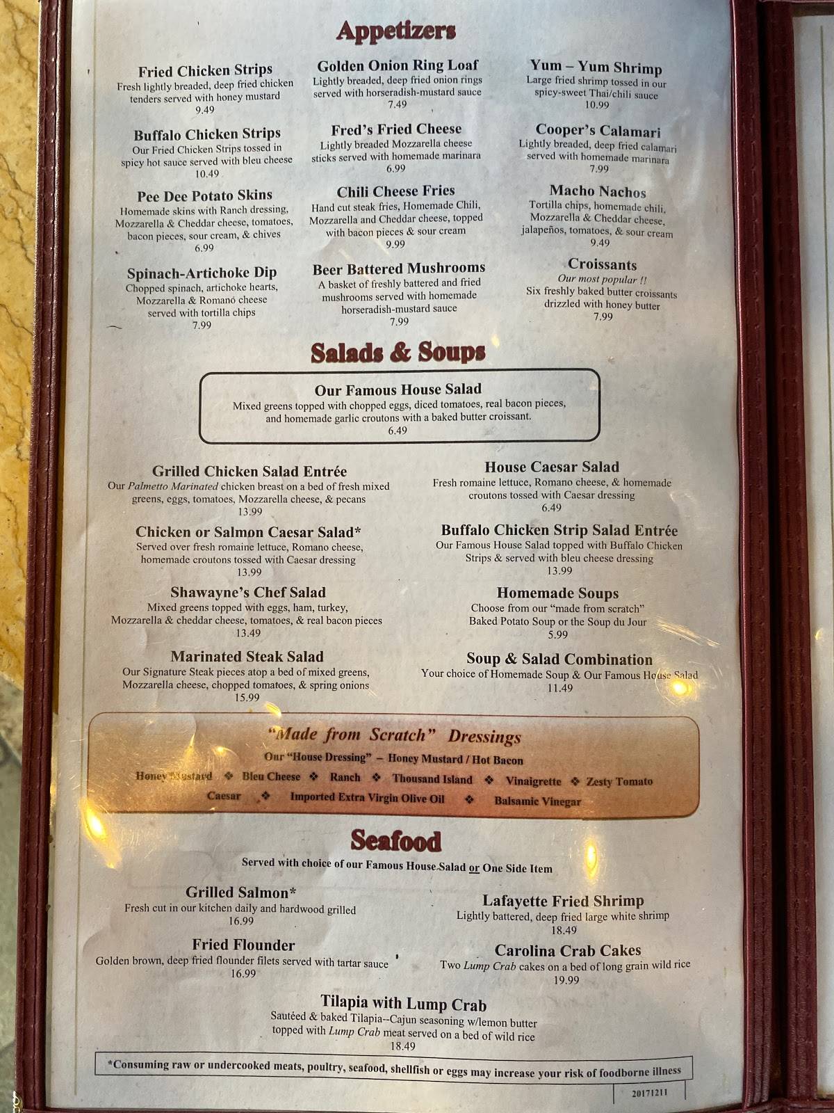 Menu at Percy & Willies restaurant, Florence, 130 Dunbarton Dr
