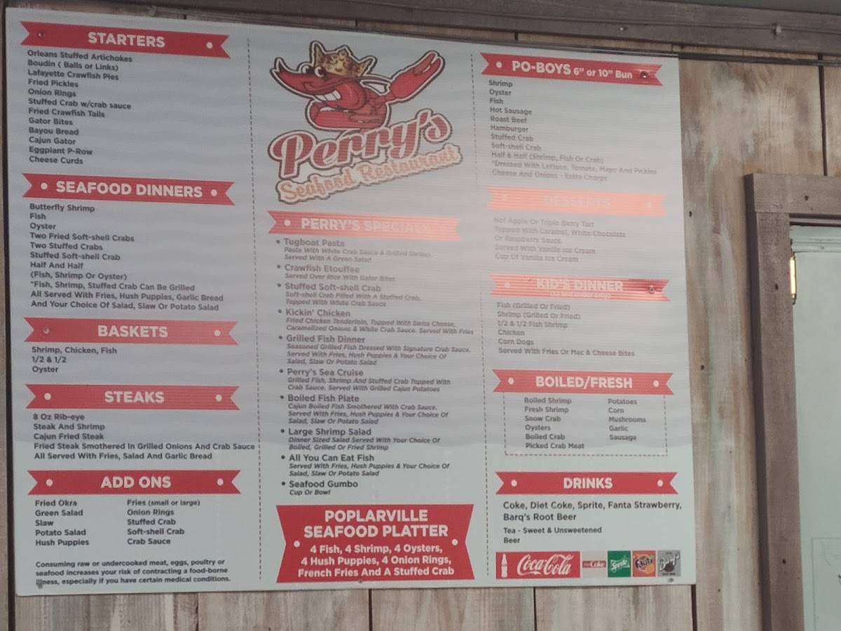 Menu at Perry's Seafood restaurant, Poplarville, 929 MS-26 West