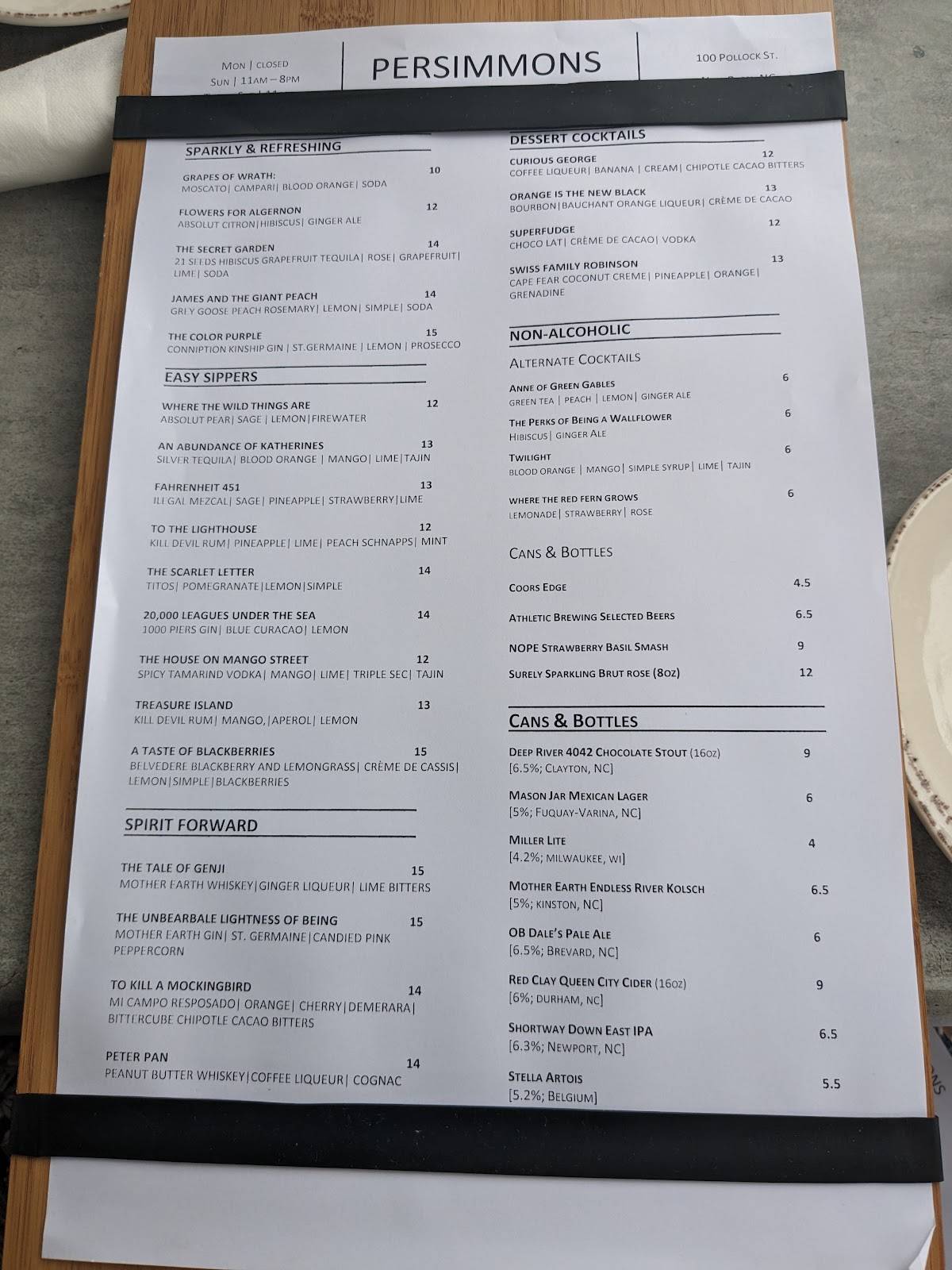 Menu at Persimmons Waterfront Restaurant, New Bern