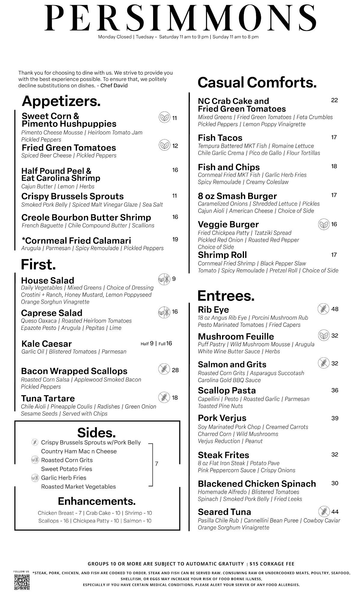 Menu at Persimmons Waterfront Restaurant, New Bern