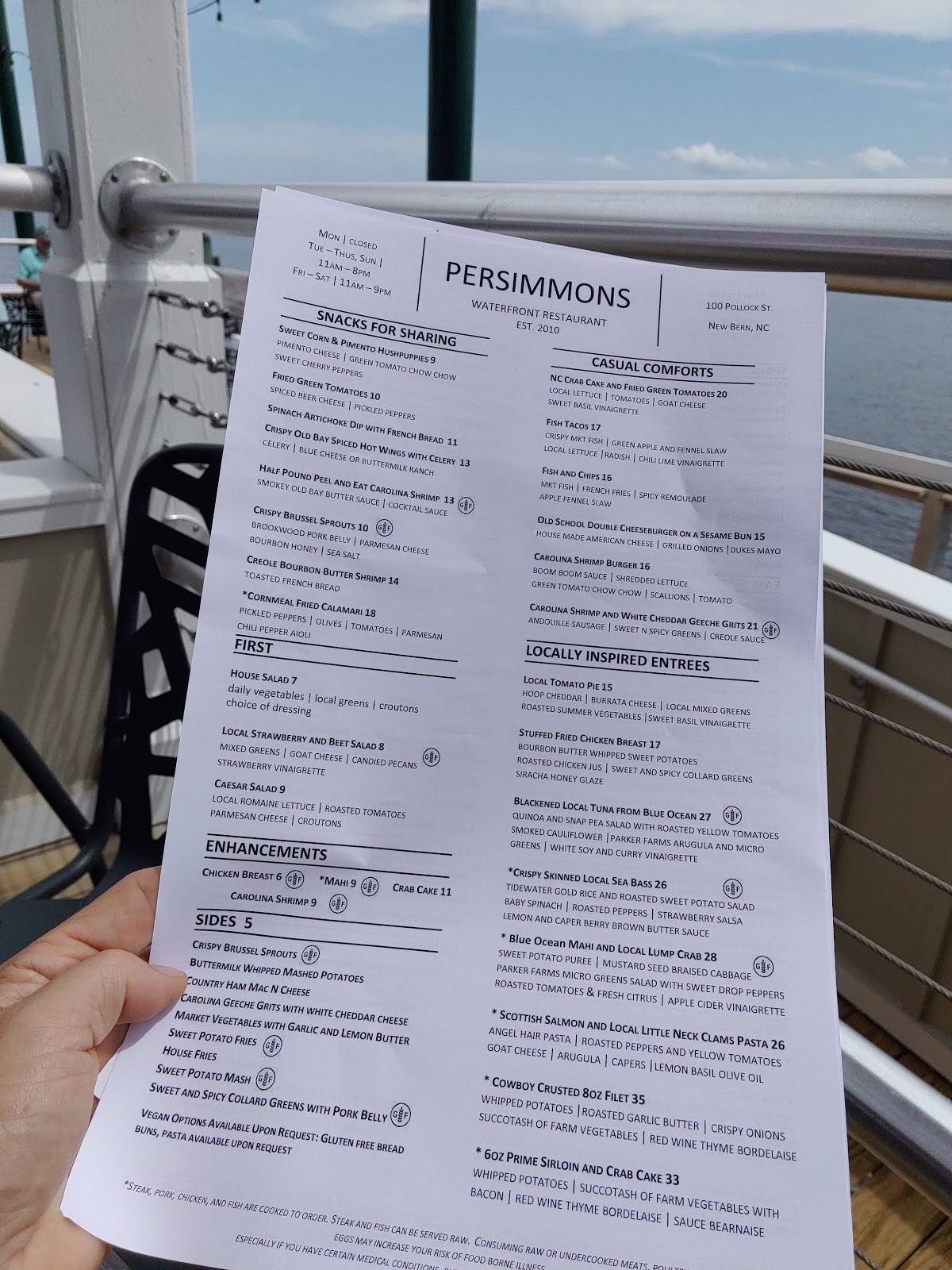 Menu at Persimmons Waterfront Restaurant, New Bern