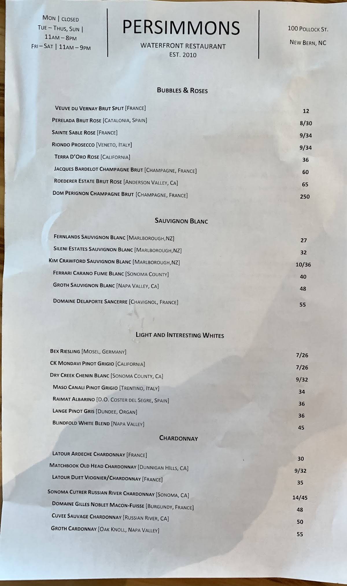 Menu at Persimmons Waterfront Restaurant, New Bern