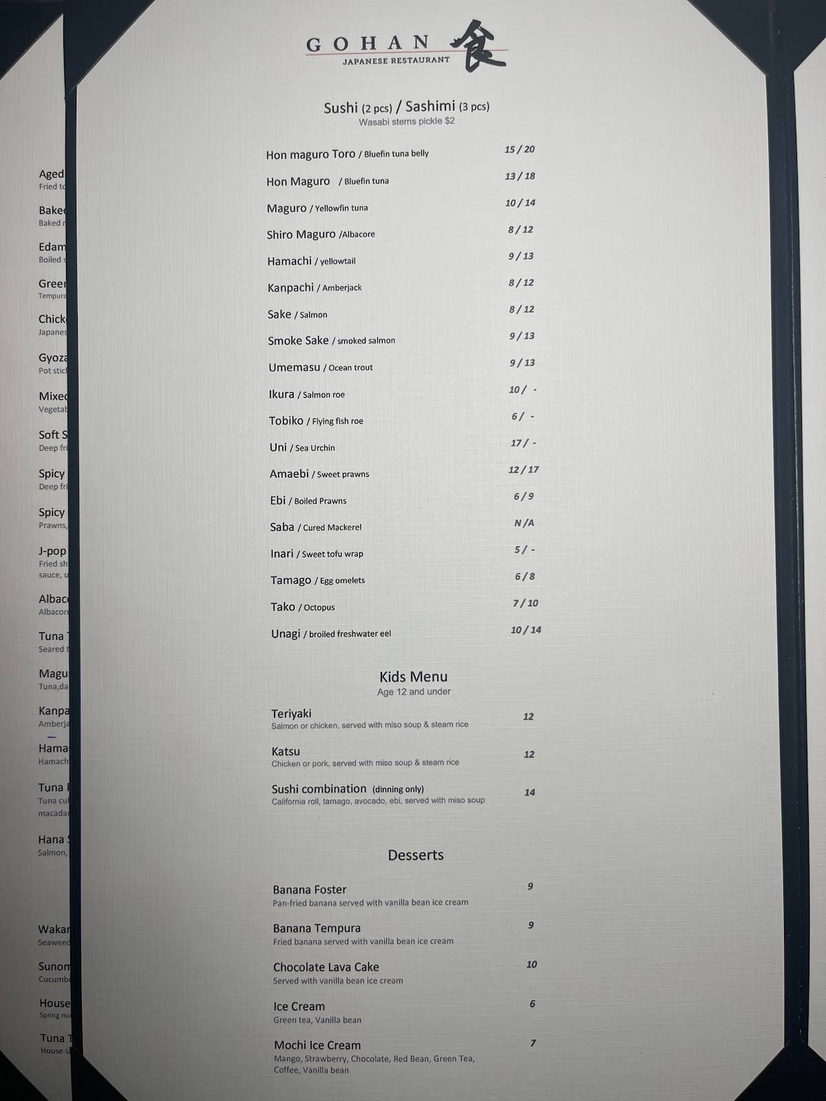 Menu at Gohan restaurant, Petaluma