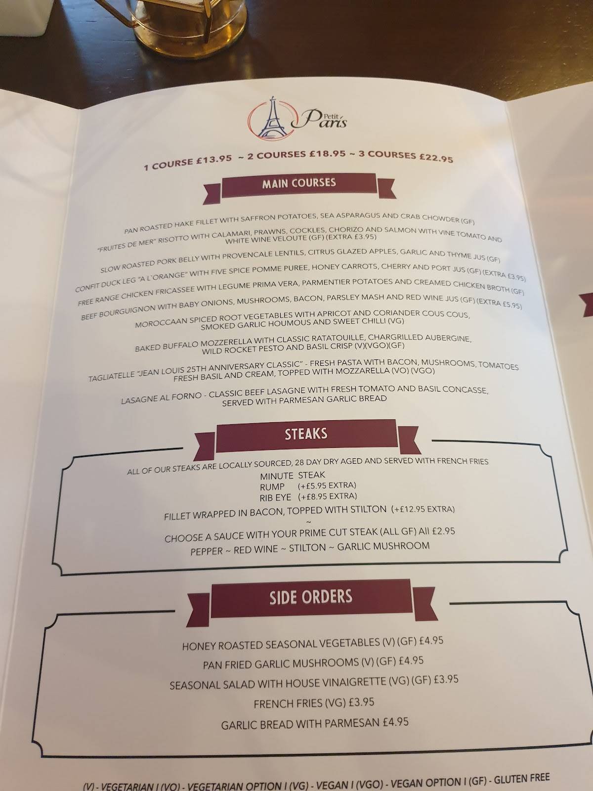 Menu at Petit Paris restaurant, Nottingham