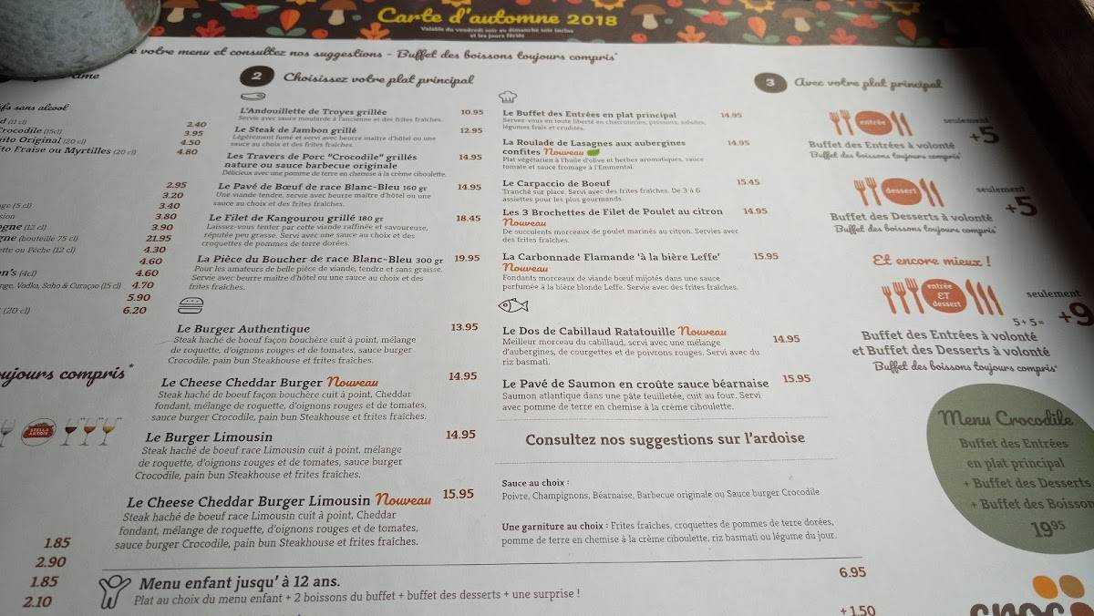 Menu au Crocodile restaurant, Petite-Forêt