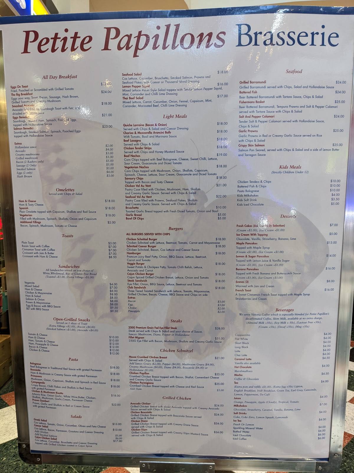 Menu at Petite Papillon's Brasserie restaurant, Campbelltown