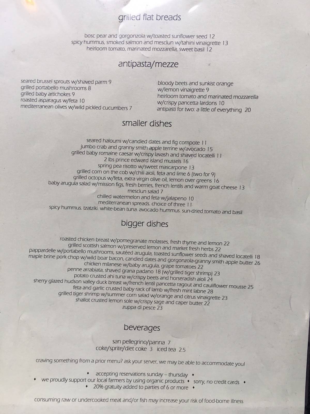 Menu at Charley Dove restaurant, Philadelphia
