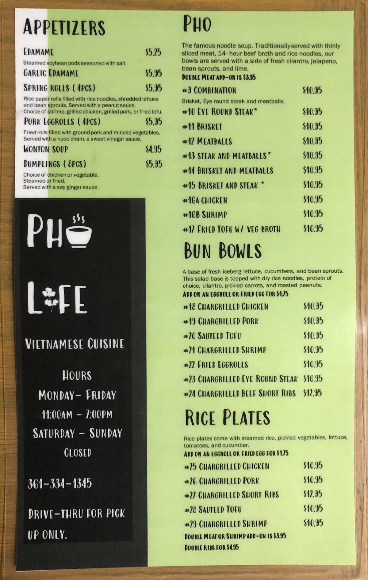 Menu at Pho Life restaurant, Corpus Christi