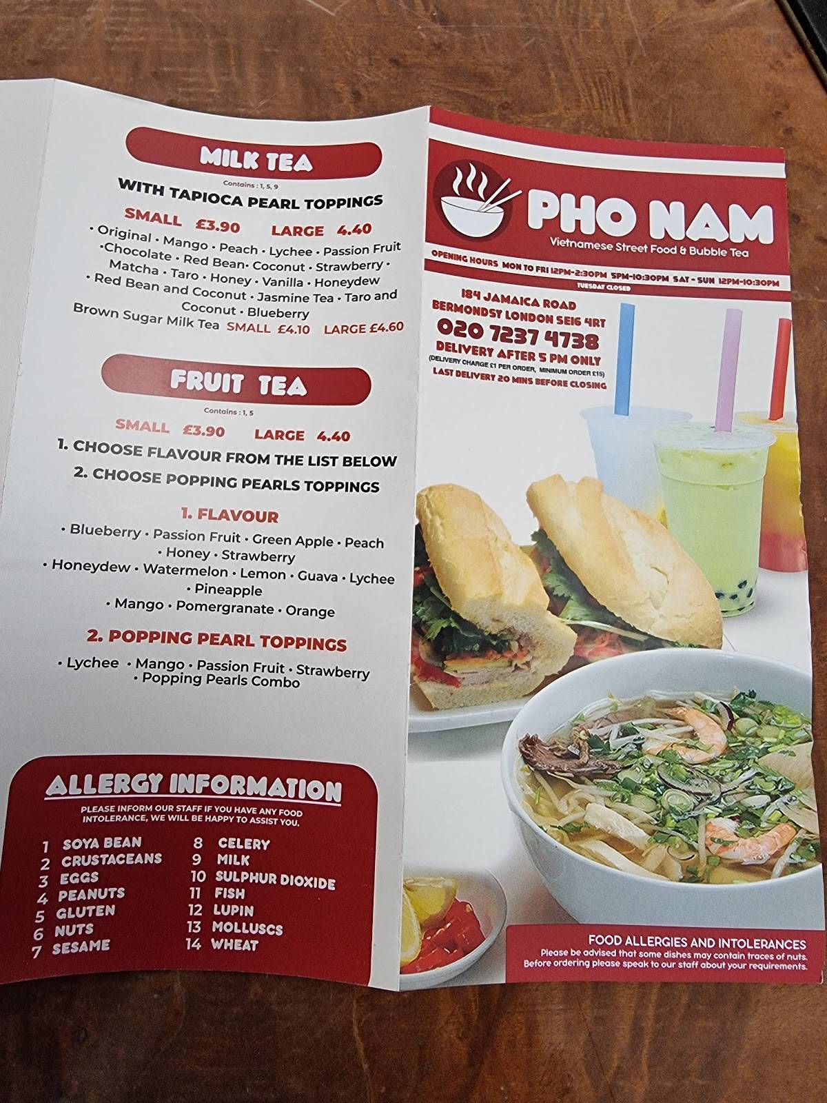 Menu at Pho Nam Vietnamese Street Food restaurant, London, 184 Jamaica Rd