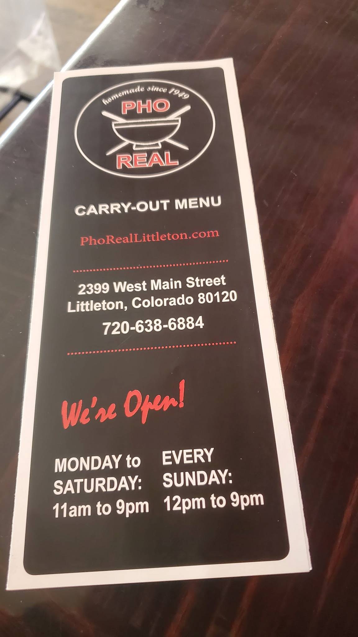 Menu at Pho Real restaurant, Littleton