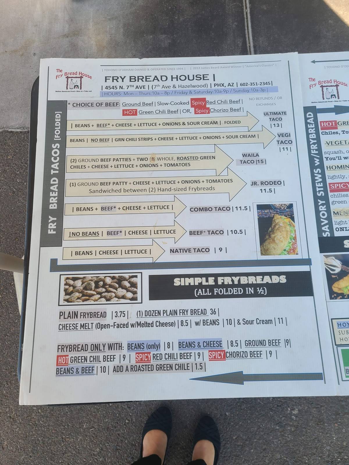 Menu at Fry Bread House restaurant, Phoenix, N 7th Ave