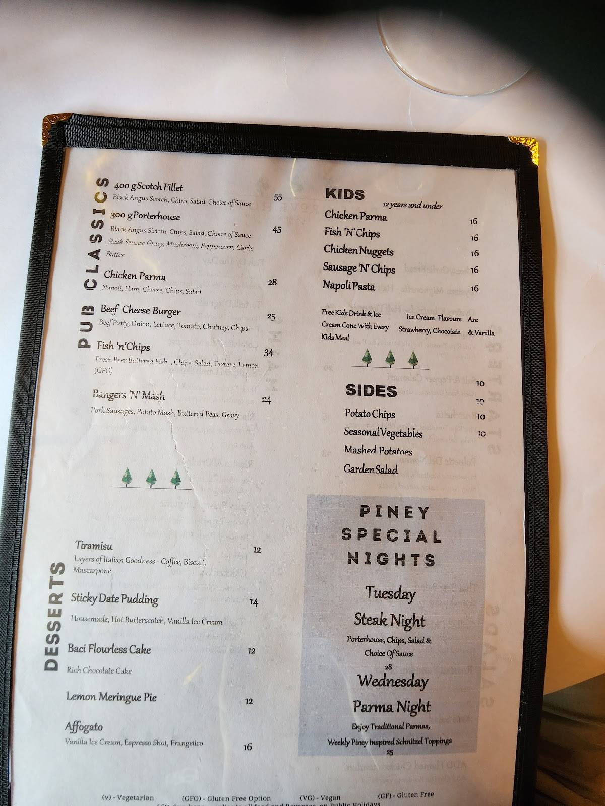Menu at Pine Grove Hotel restaurant, Beaconsfield Upper