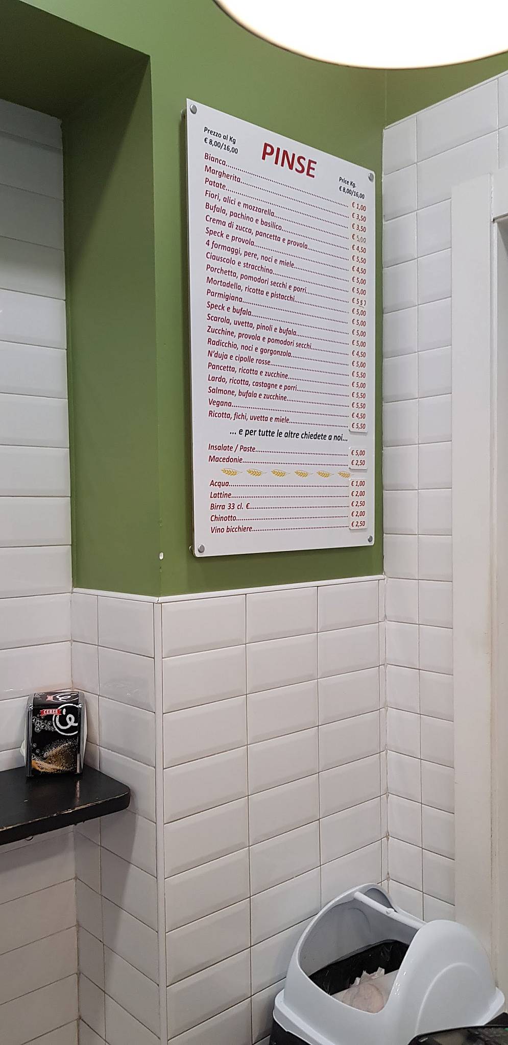 Menu at Pinsere pizzeria, Rome, Via Flavia