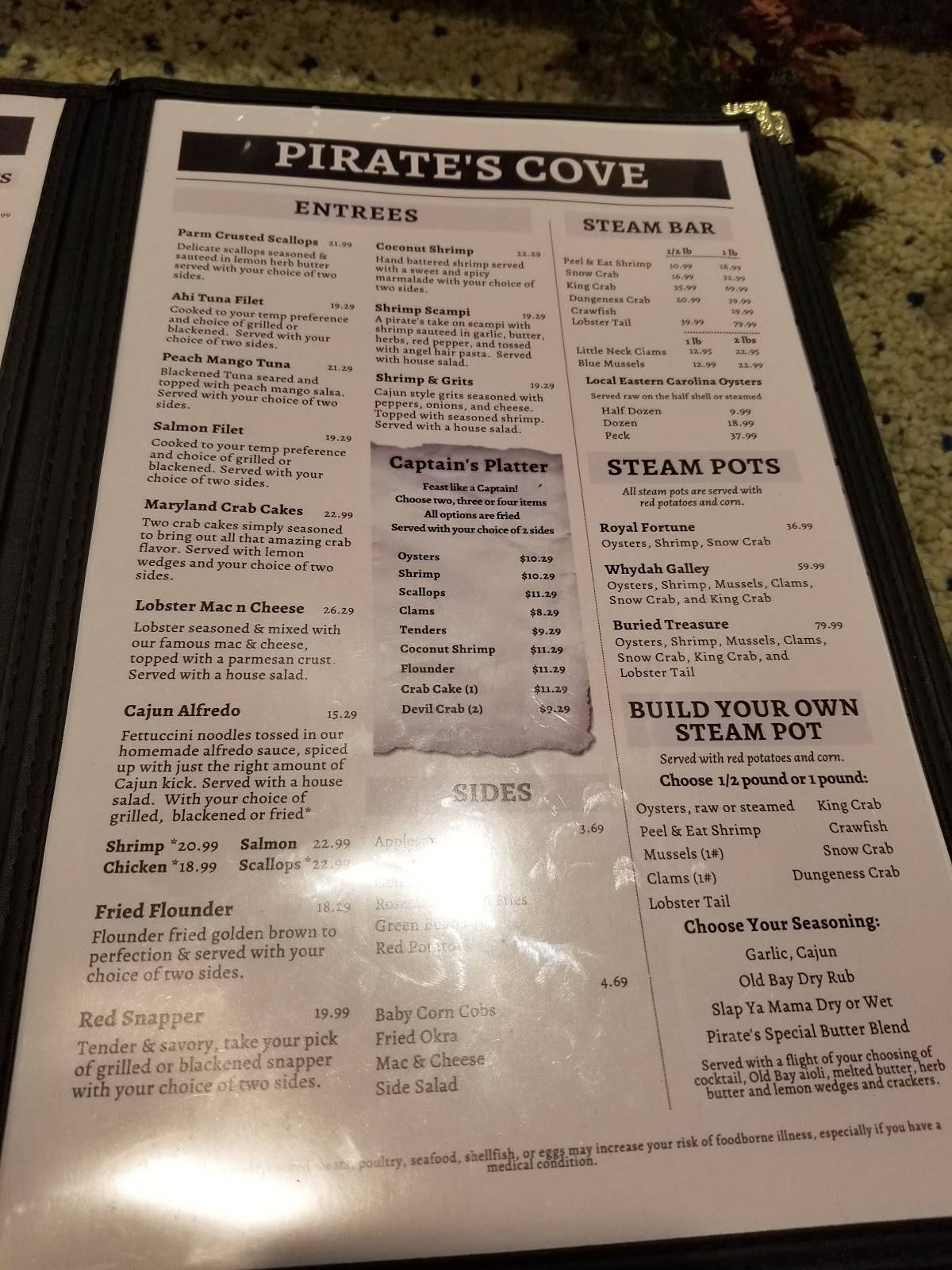 Menu at Pirates Cove Triple Play Seafood and Oyster Bar, New Bern