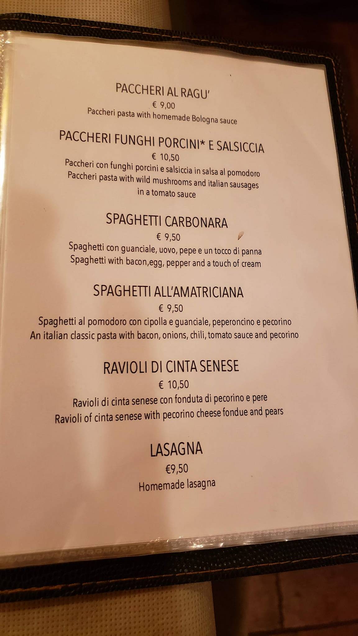 Menu at Il Peperoncino restaurant, Pisa