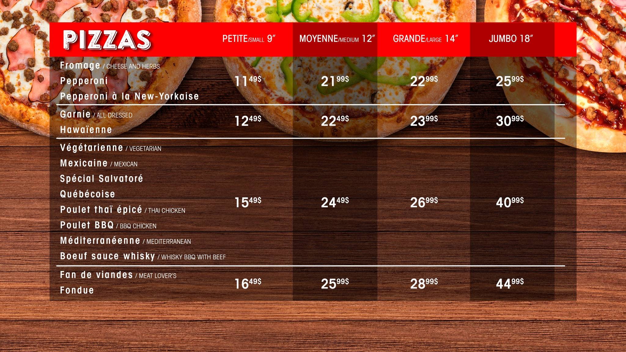 Menu au Pizza Salvatoré pizzeria, Drummondville