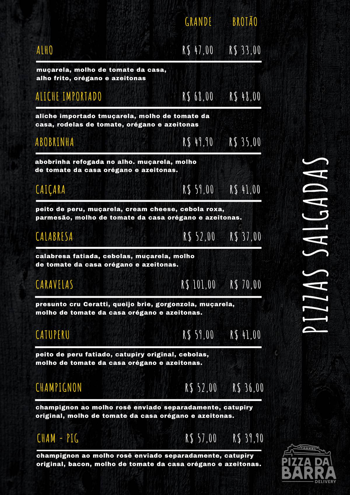 Menu at Pizza da Barra, Santos