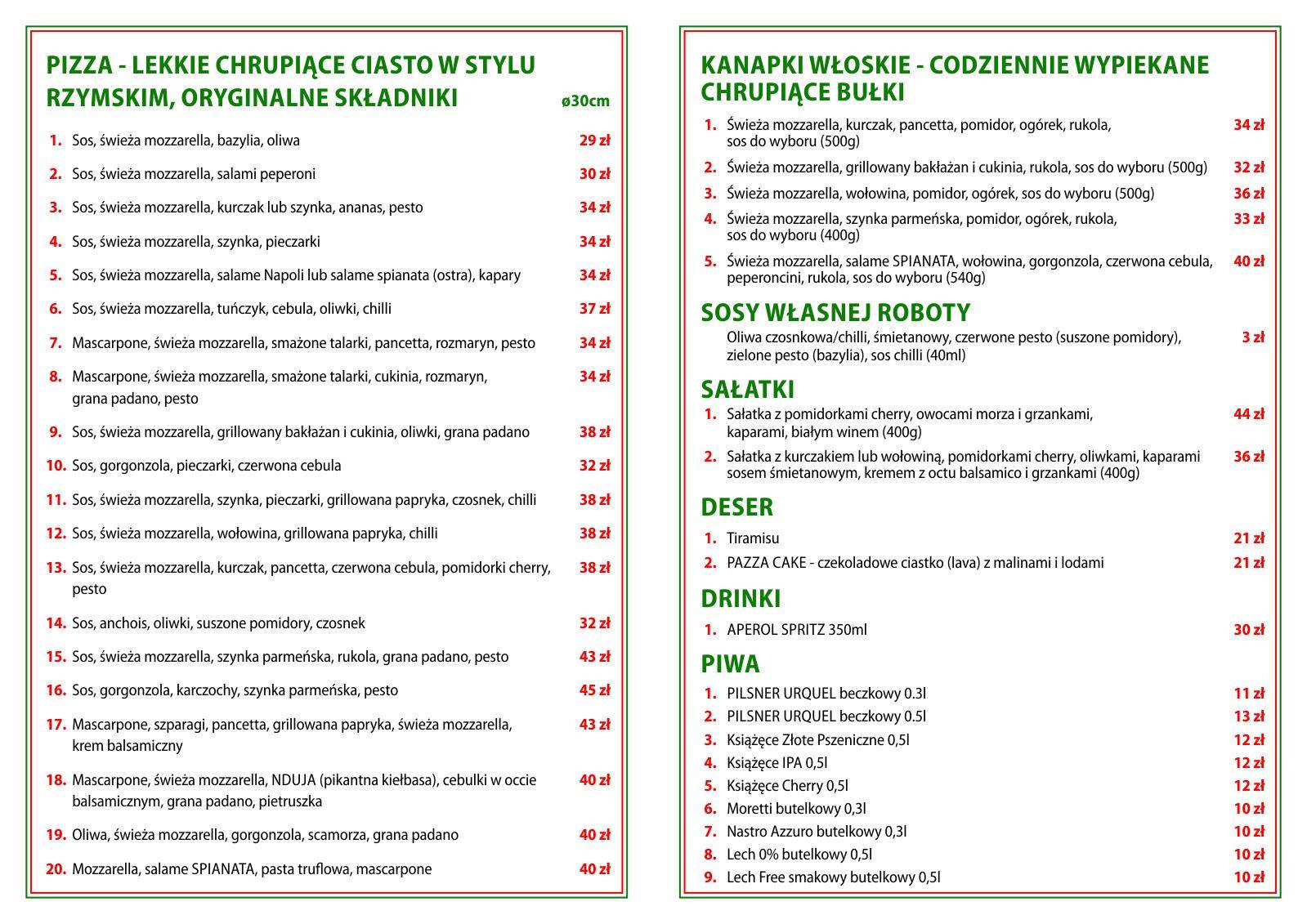 Menu at Pizza pazza restaurant, Slupsk