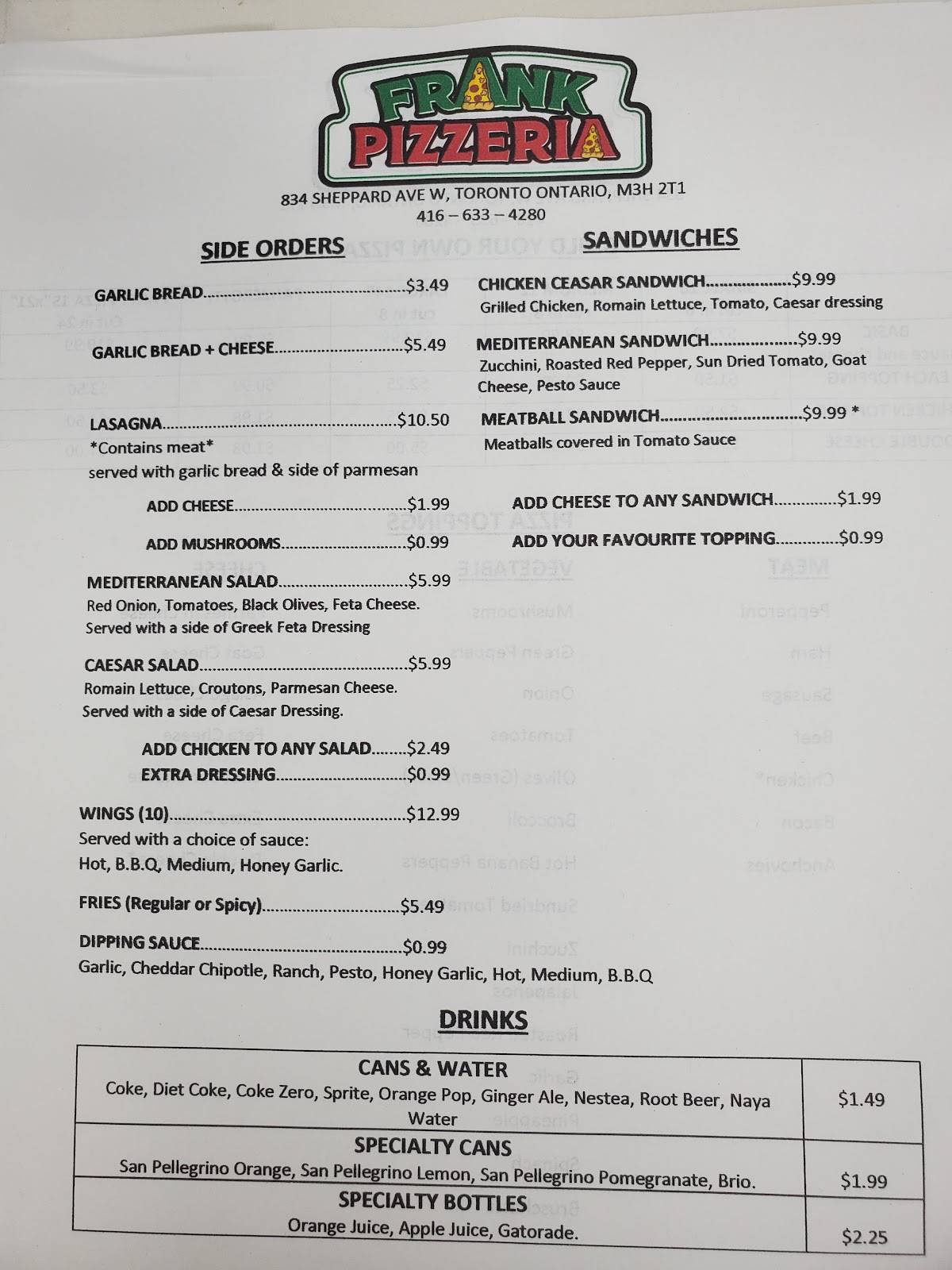 Menu at Frank Pizzeria, Toronto