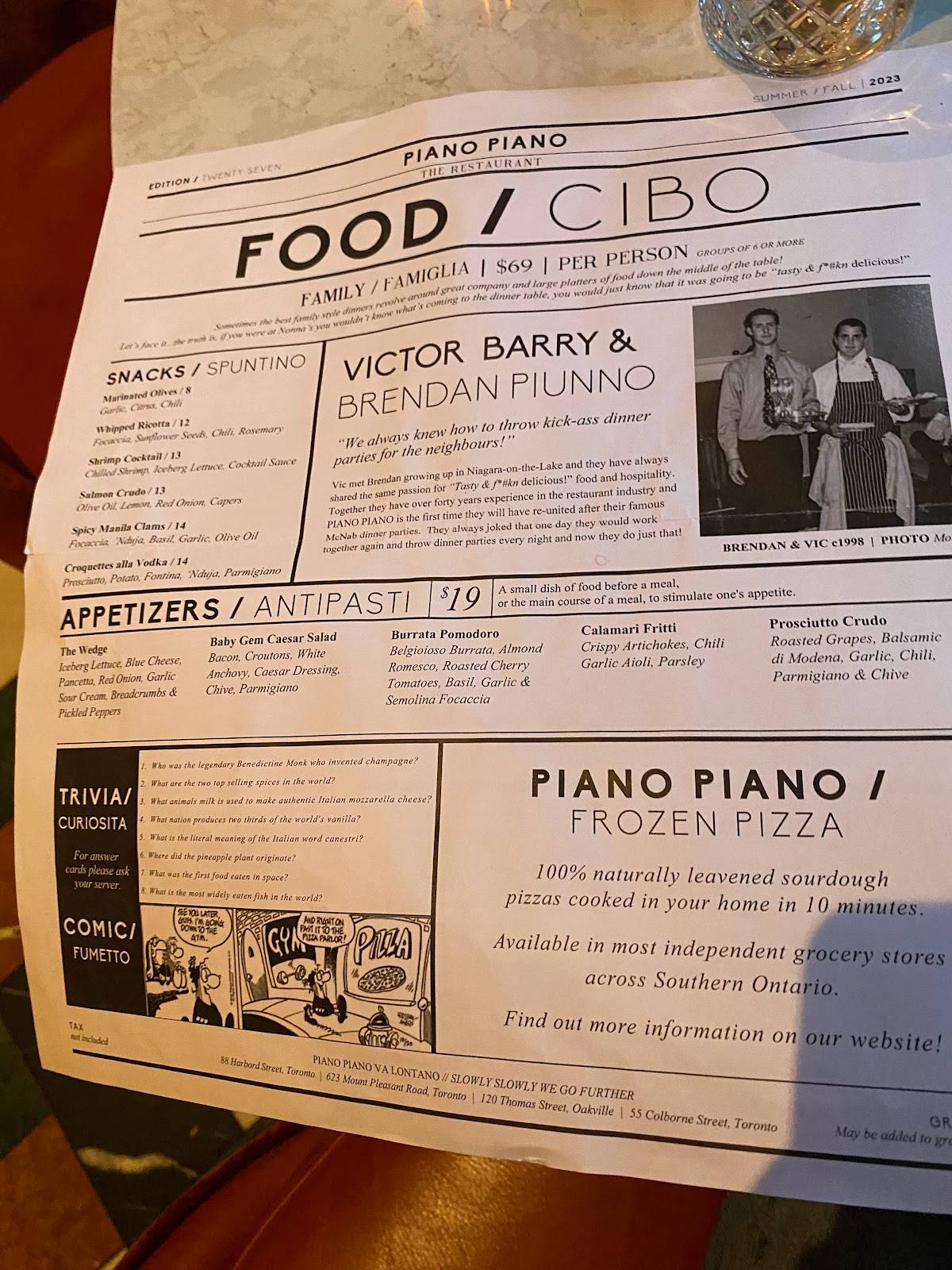 Menu at Piano Piano Restaurant, Oakville