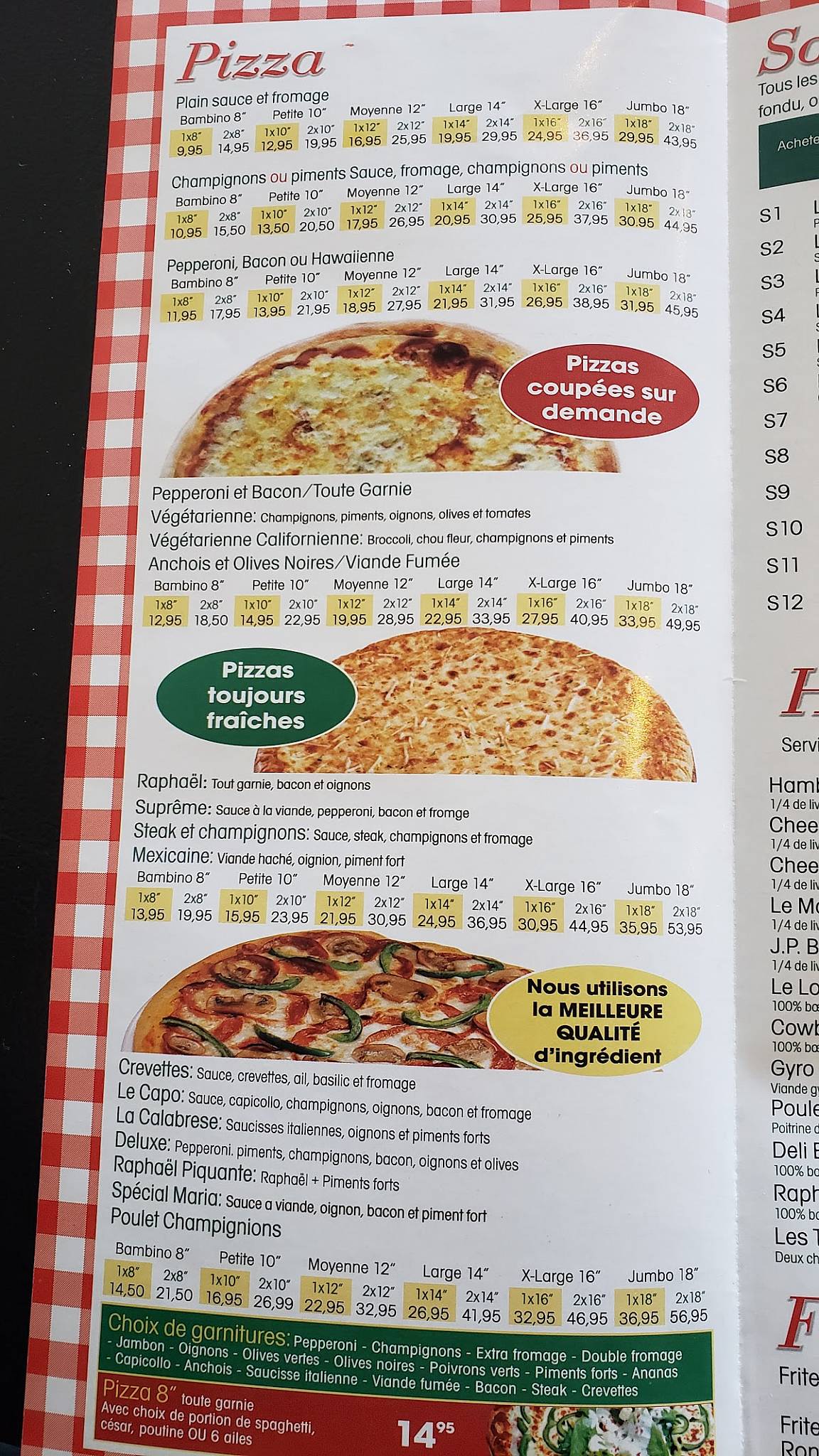 Menu at Raphael Pizzeria, Longueuil, Ch. de Chambly
