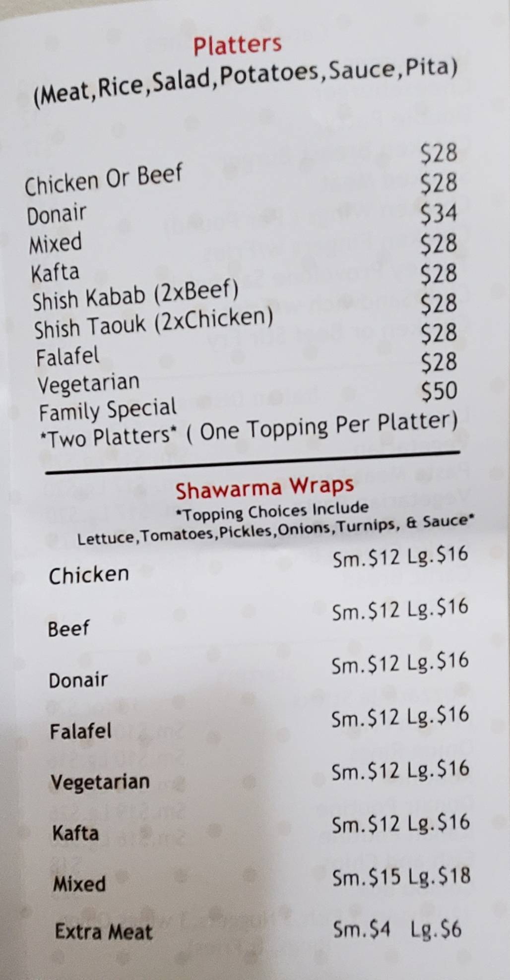 Menu at Yummy Shawarma pizzeria, Iqaluit, E Mivvik Street