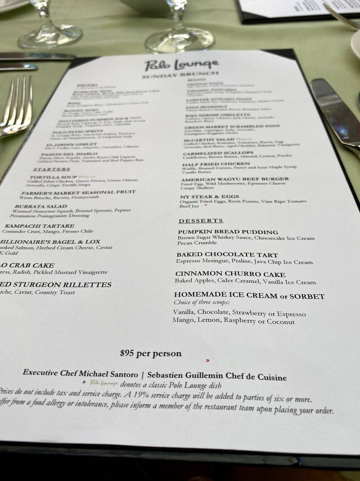 Menu at Polo Lounge restaurant, Beverly Hills