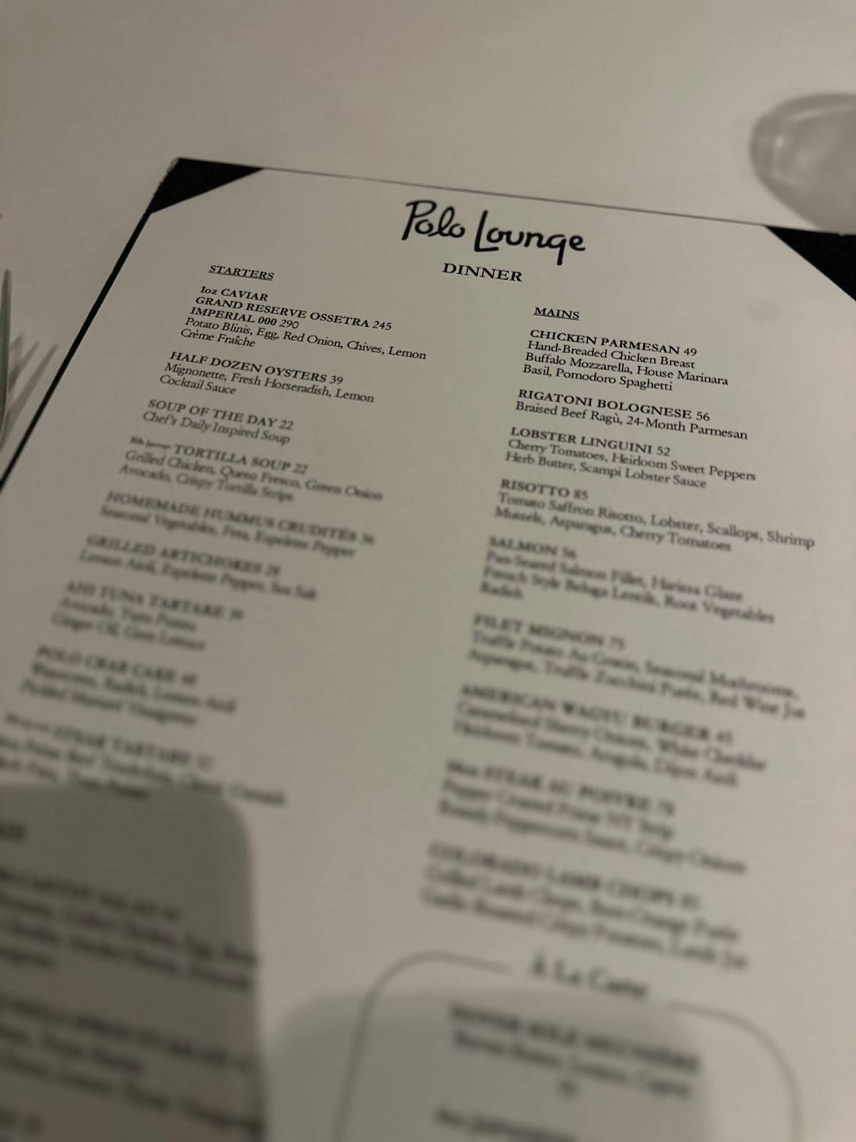 Menu at Polo Lounge restaurant, Beverly Hills