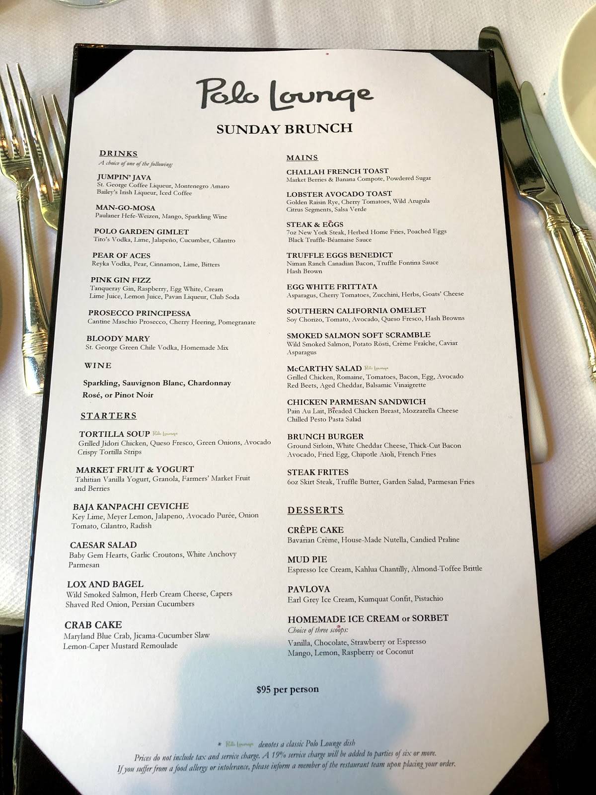 Menu at Polo Lounge restaurant, Beverly Hills