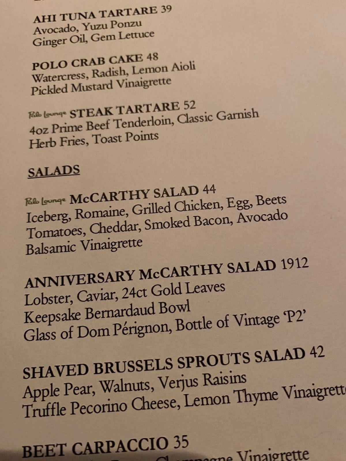 Menu at Polo Lounge restaurant, Beverly Hills