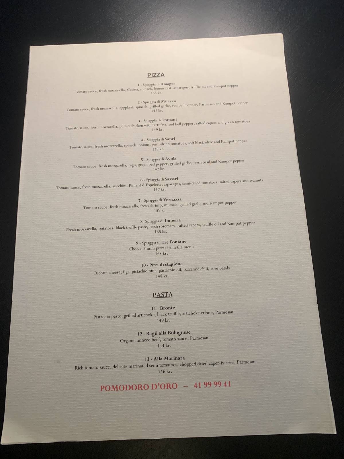 Menu au Pomodoro D'oro restaurant, Copenhague