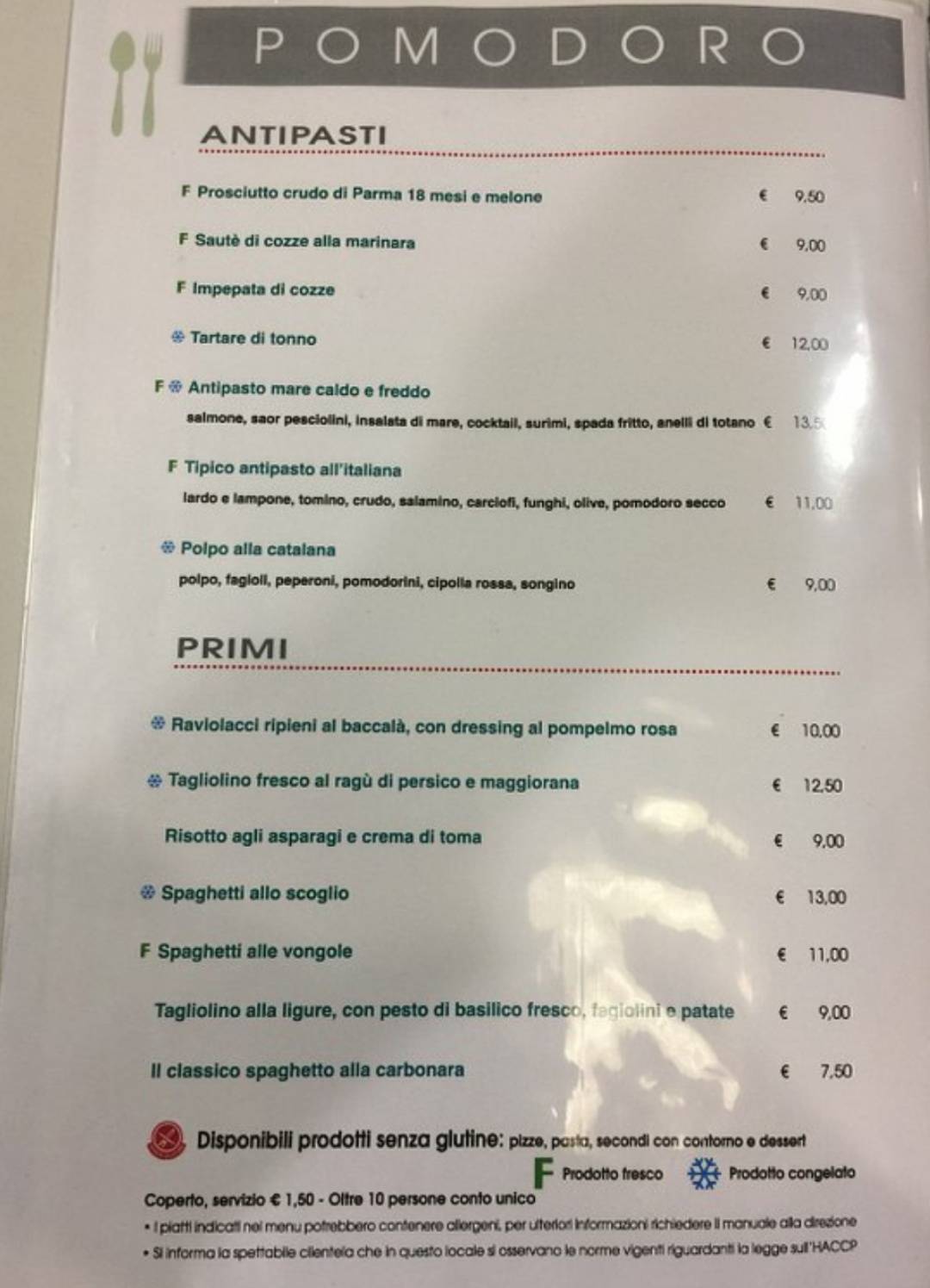 Menu at Pomodoro restaurant, Omegna, Piazza Martiri della Libertà