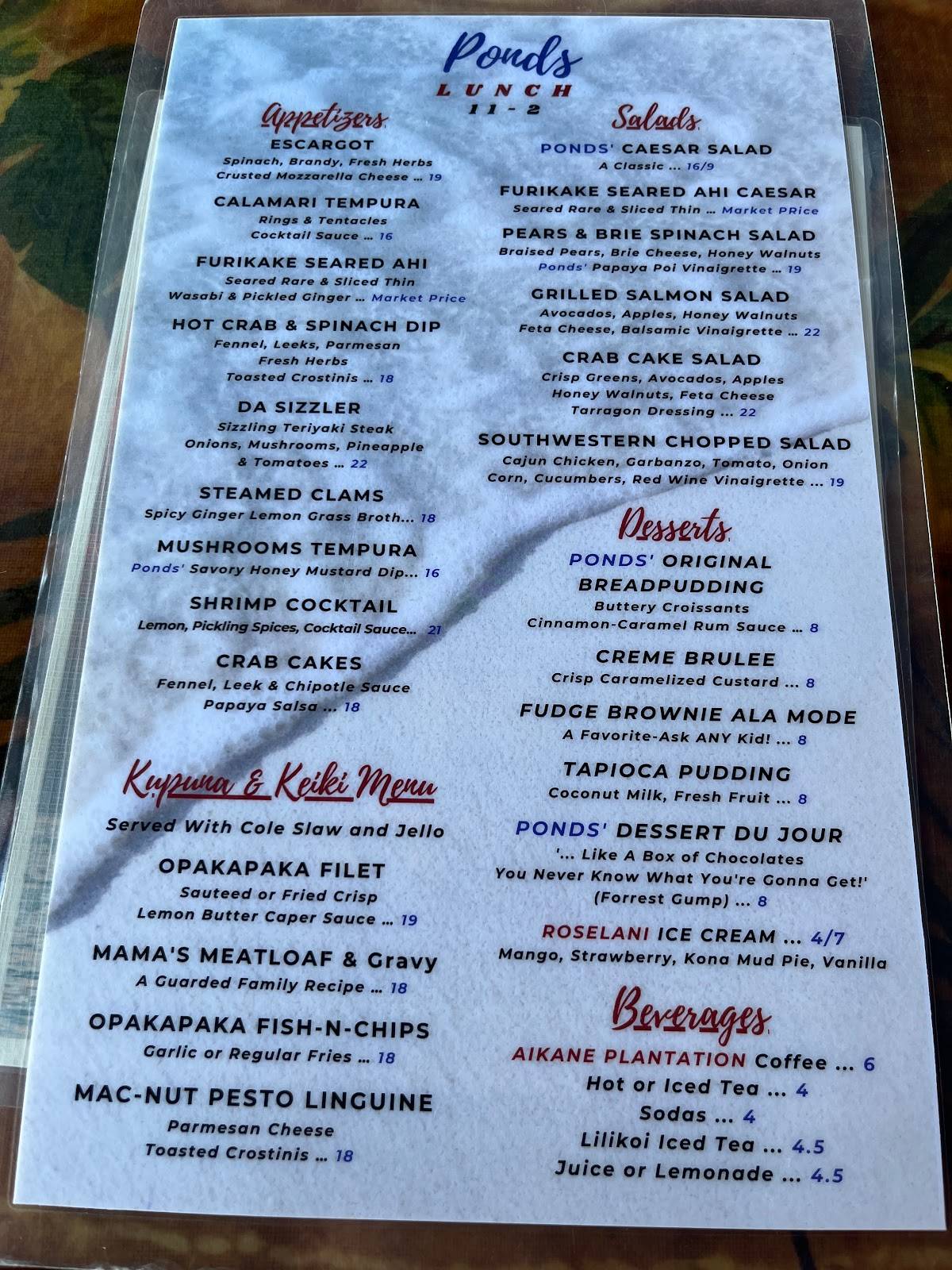 Menu at Ponds Hilo restaurant, Hilo