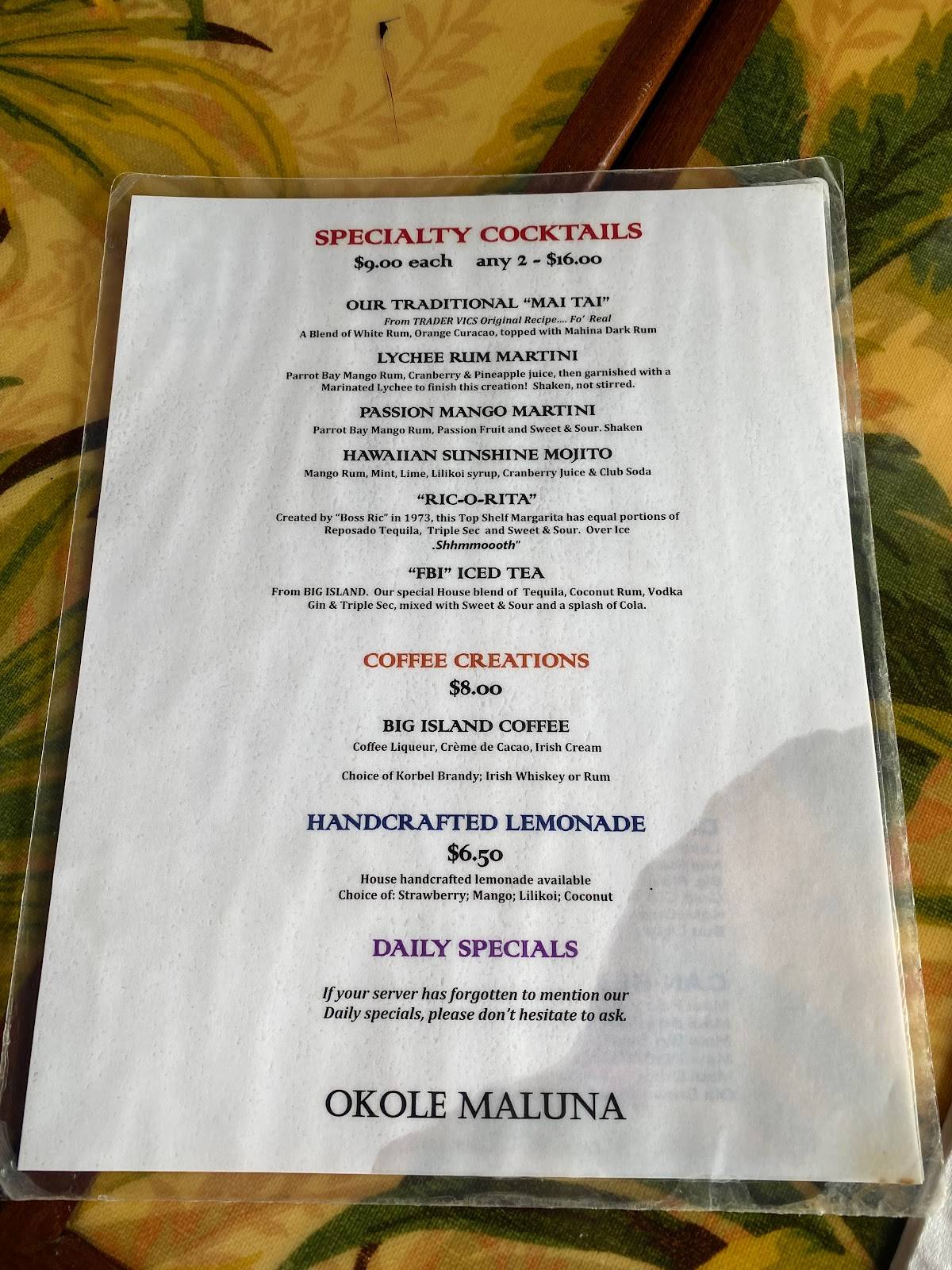 Menu at Ponds Hilo restaurant, Hilo