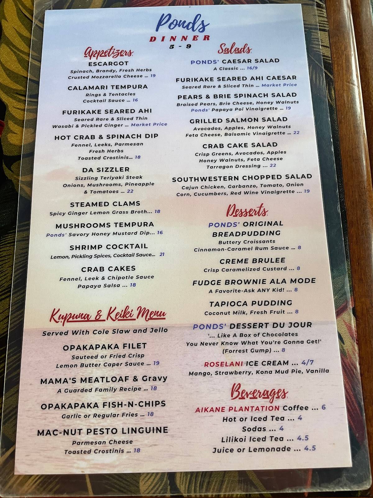 Menu at Ponds Hilo restaurant, Hilo