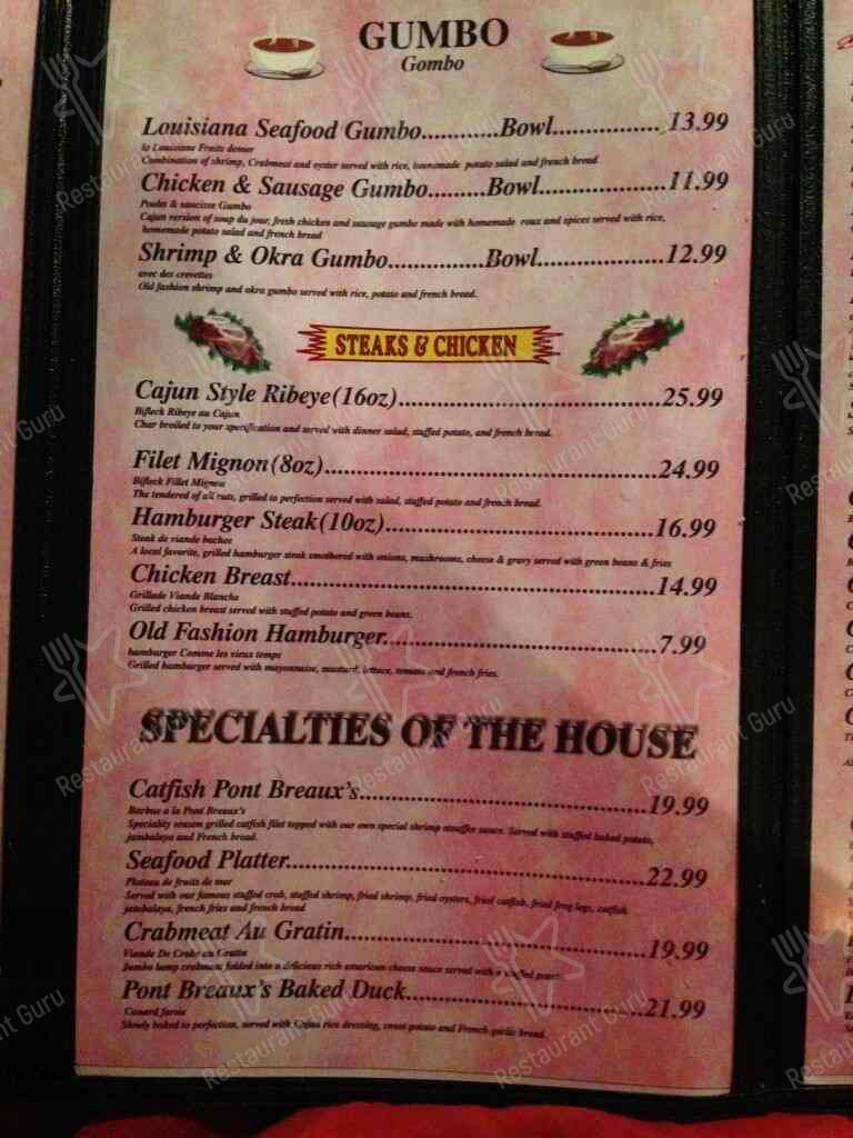 Menu at Pont Breaux's Cajun Restaurant, Breaux Bridge