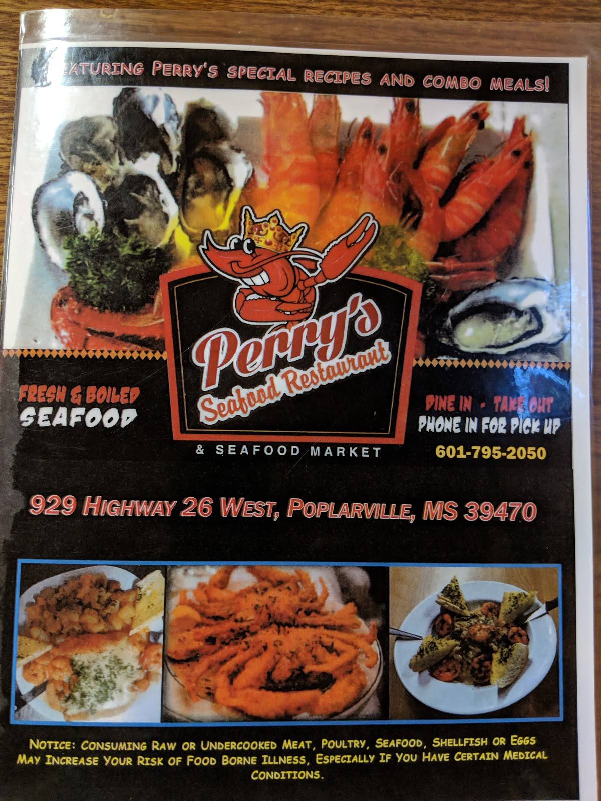 Menu at Perry's Seafood restaurant, Poplarville, 929 MS-26 West