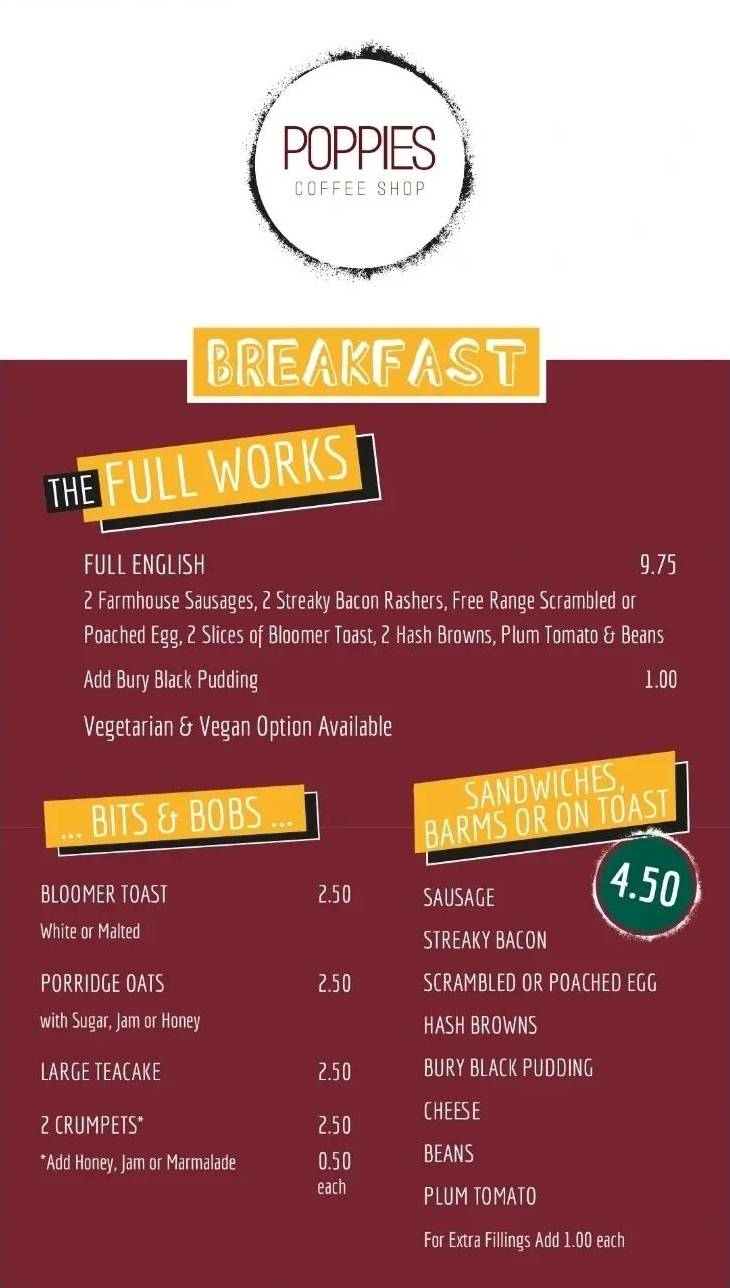 Menu at Poppies Coffee Shop & Children's Play Area restaurant, Manchester